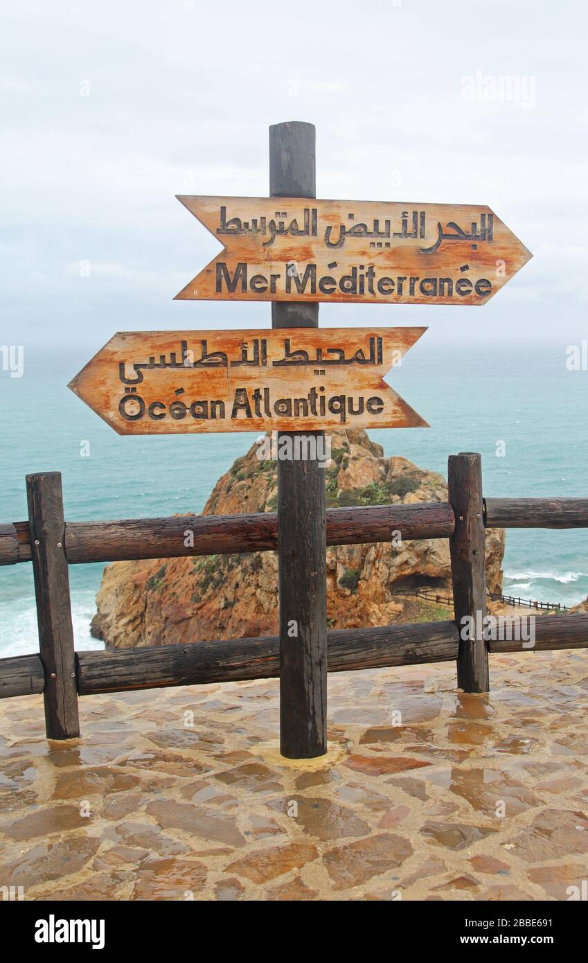 Signpost for the meeting point of the Atlantic and Mediterranean at ...