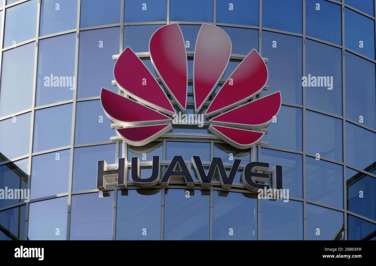 The Hague, Netherlands 20 march 2020; Logo of Huawei on building in the ...