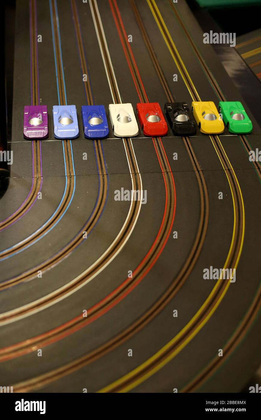 A scalextric activity inside at Sandown Park Racecourse Stock Photo - Alamy