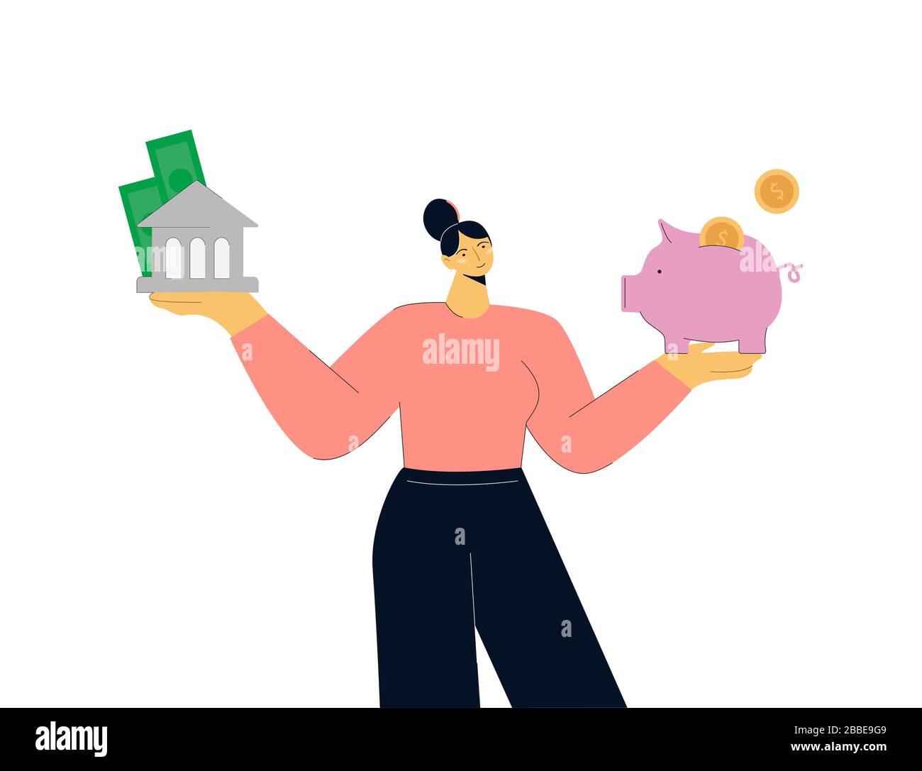 Cartoon colorful woman choosing between saving cash in bank and ...