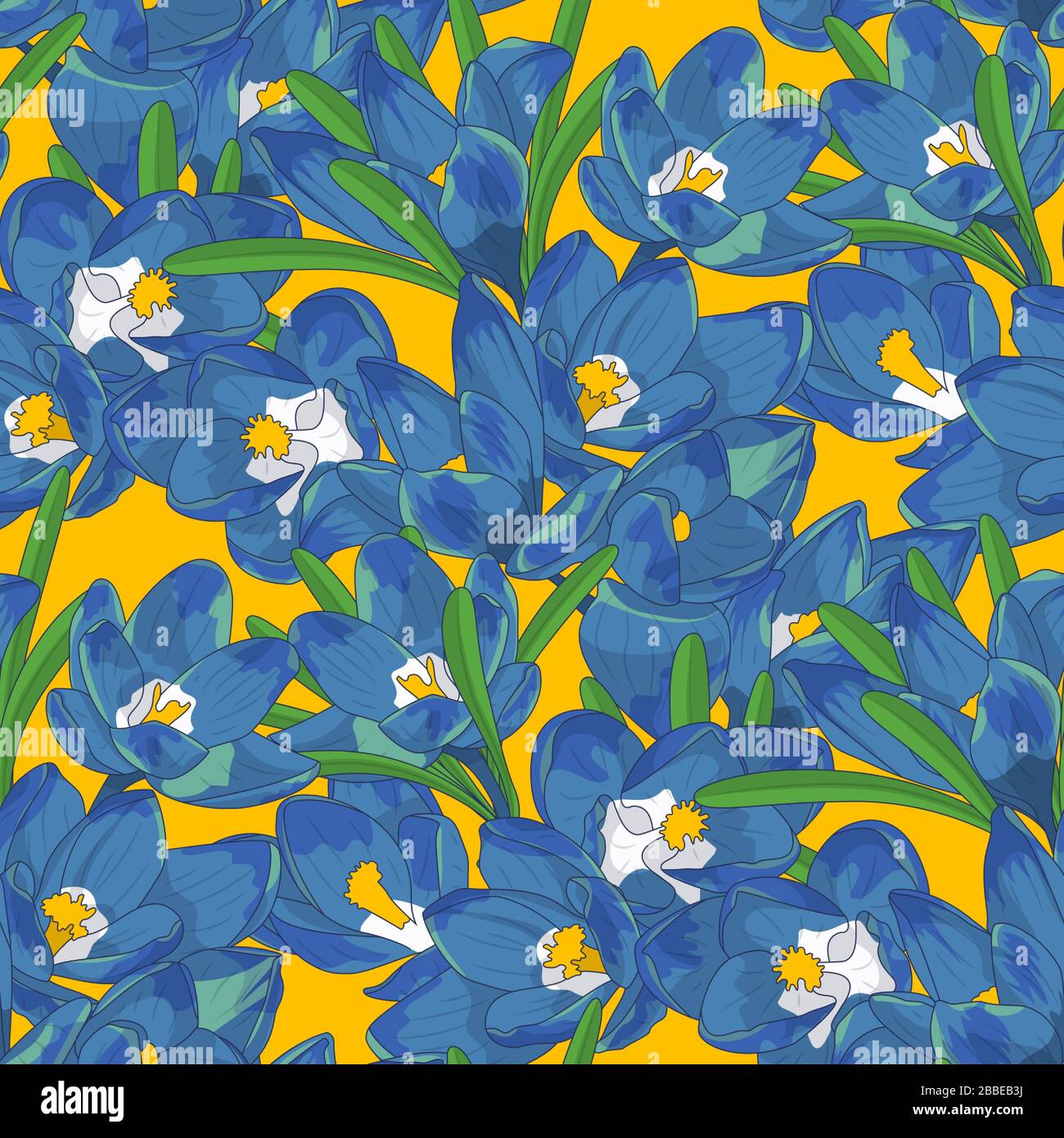 Hand drawn blue crocus flowers seamless floral pattern. On yellow ...
