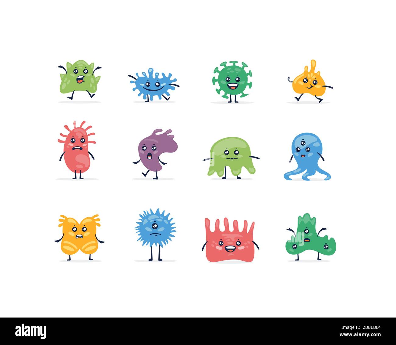Set of various colored cartoon bacterial pathogen cute microbe isolated ...