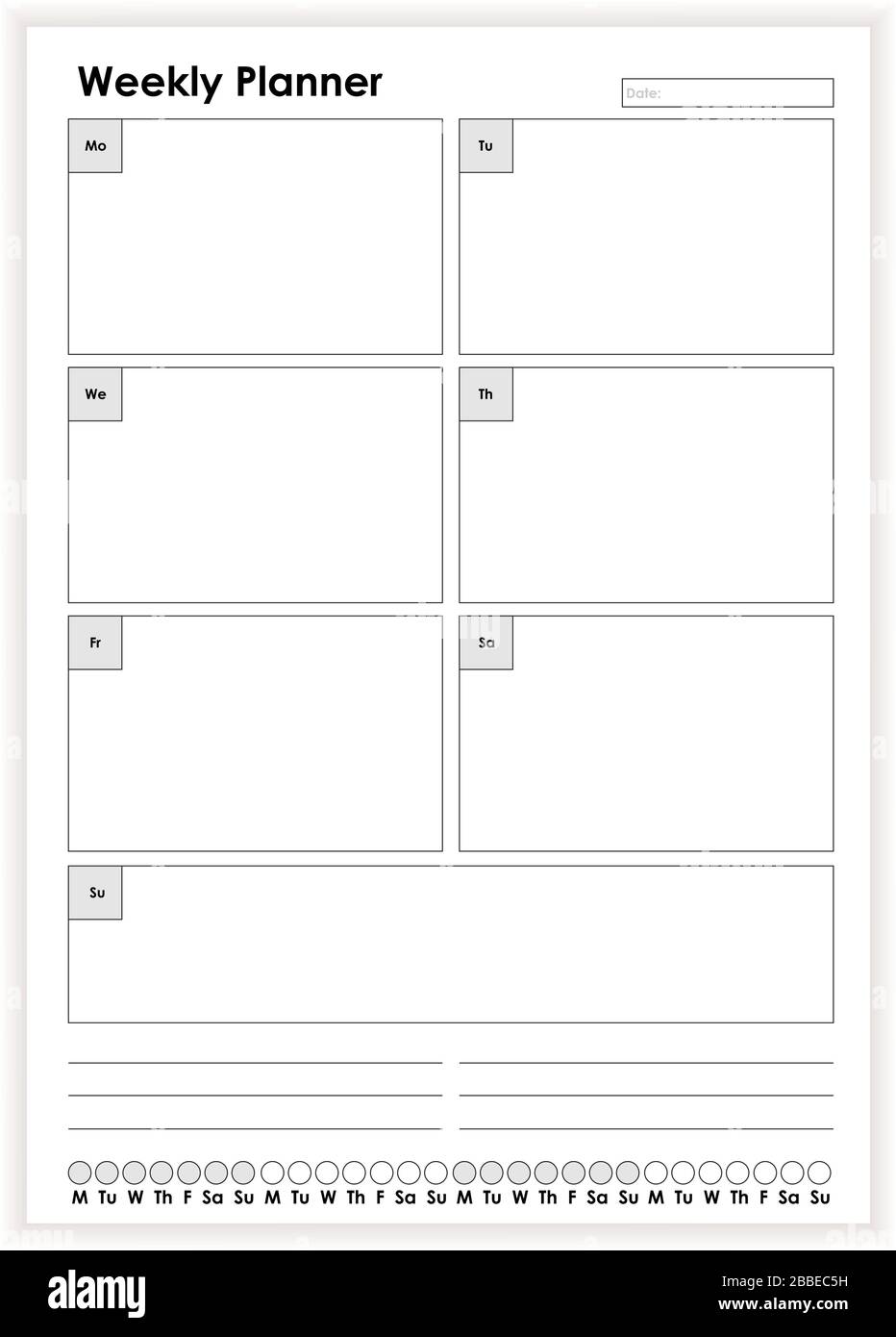 Simple black and white weekly planner paper sheet template vector flat ...