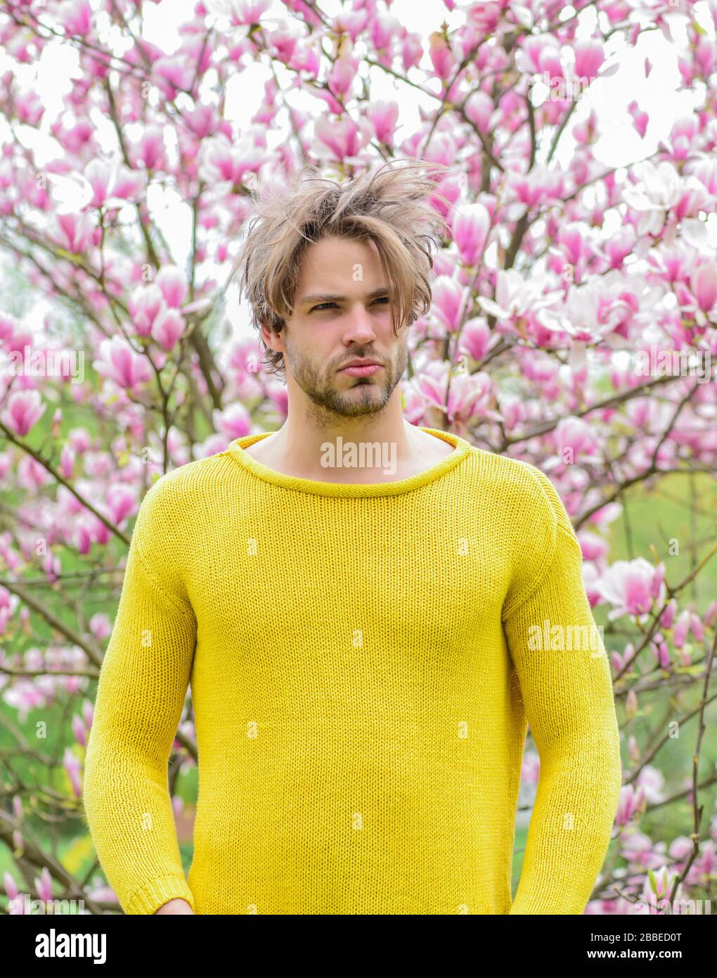 April may. Joy of spring. Man flowers background. Spring beauty ...