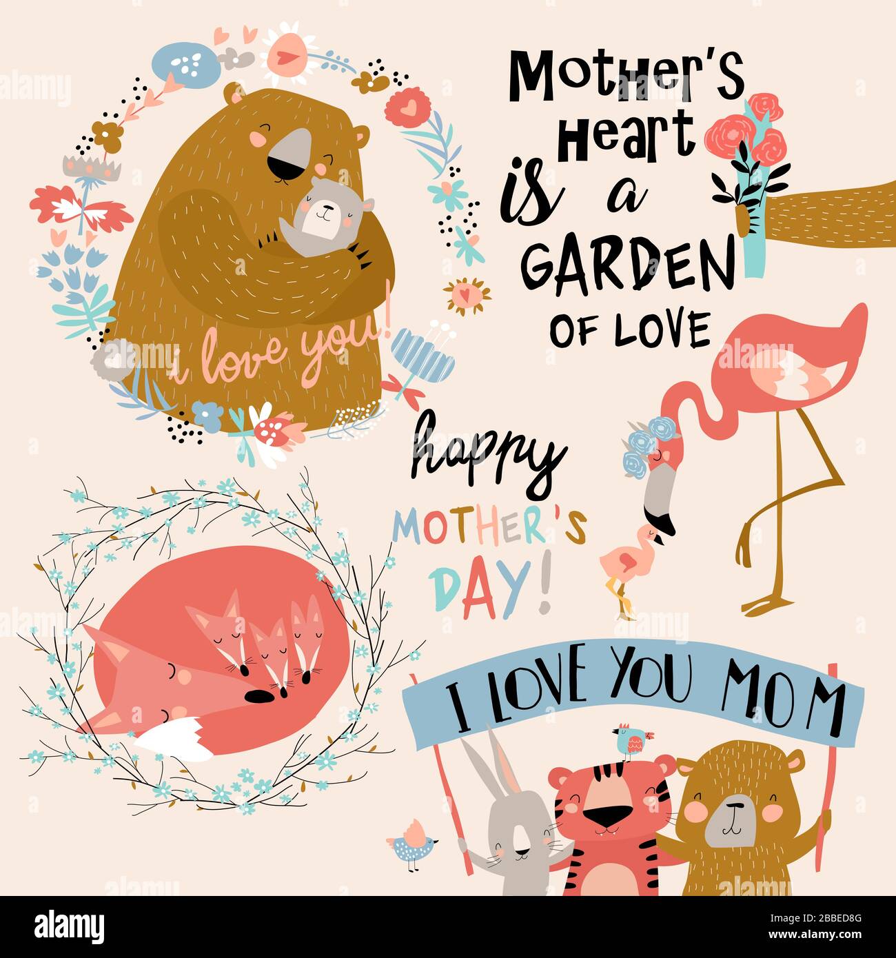 Set of cute illustrations for Mothers Day in cartoon style Stock Vector ...