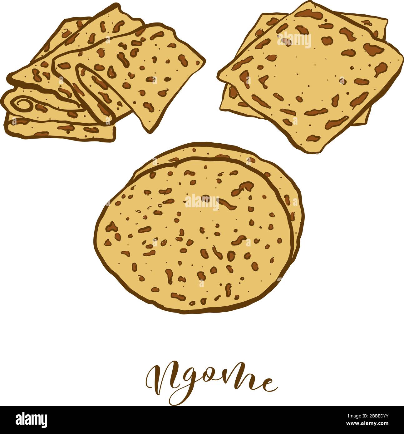 Colored drawing of Ngome bread. Vector illustration of Flatbread food ...