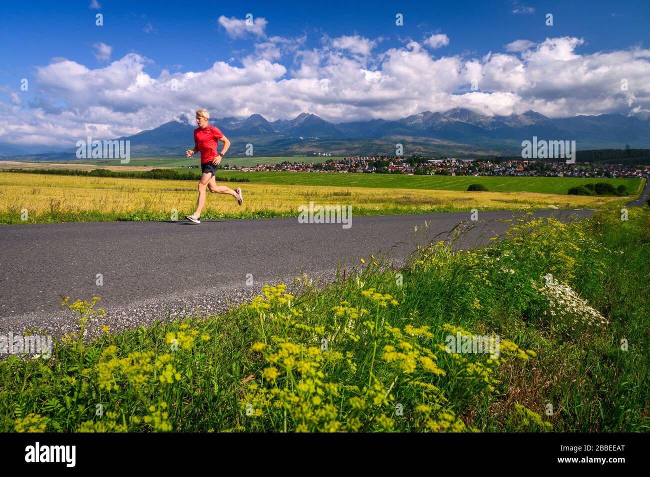 Long distance runner train on the road under big mountains. Summer day ...