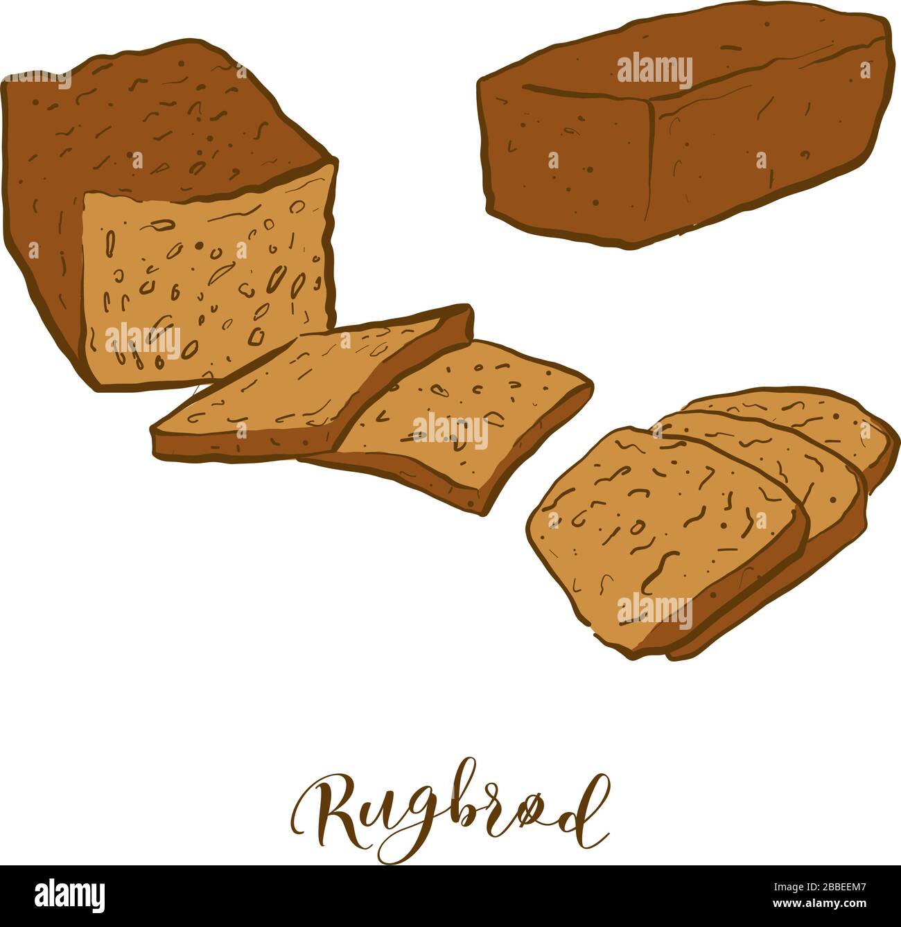 Colored drawing of Rugbrød bread. Vector illustration of Sourdough food ...
