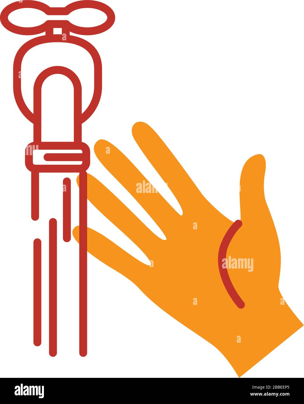 hand and water faucet icon over white background, half line half color ...