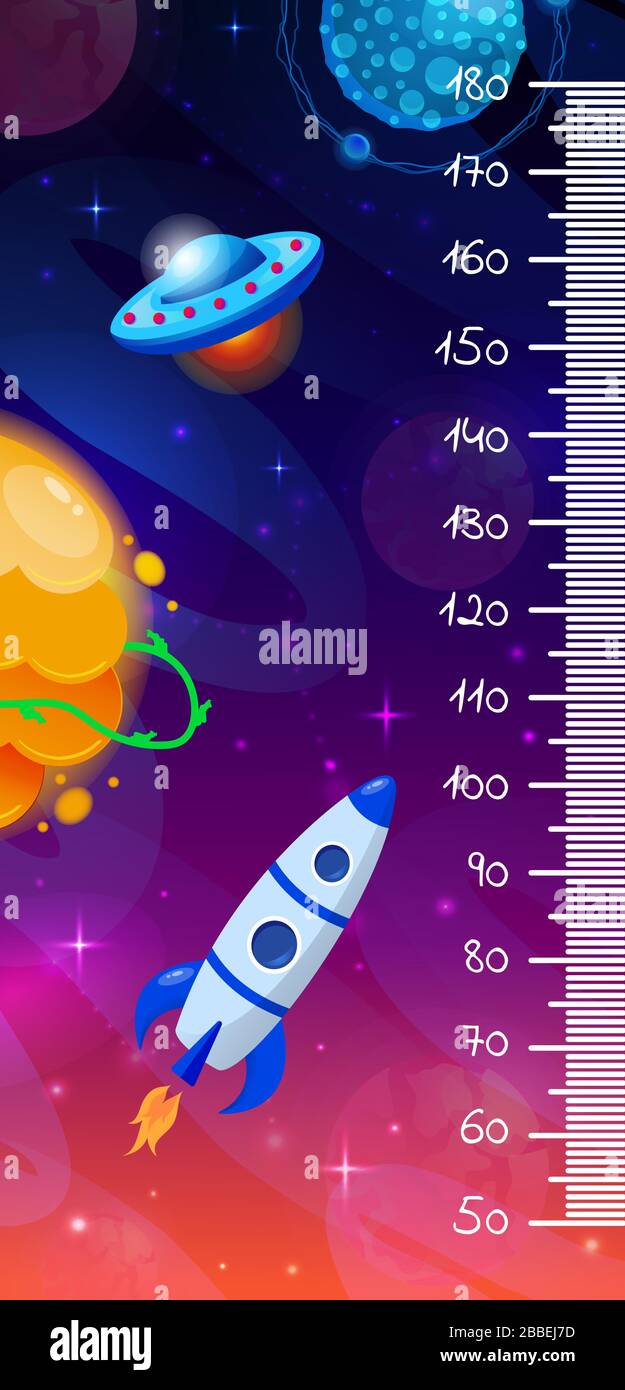 Kids space height chart, cosmic wall meter with cartoon fantasy planets ...