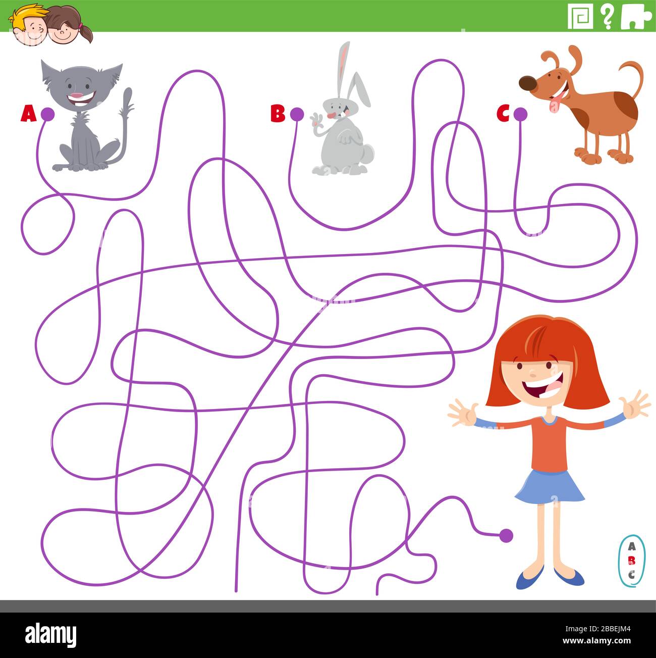 Cartoon Illustration of Lines Maze Puzzle Game with Girl and Cute Pets ...