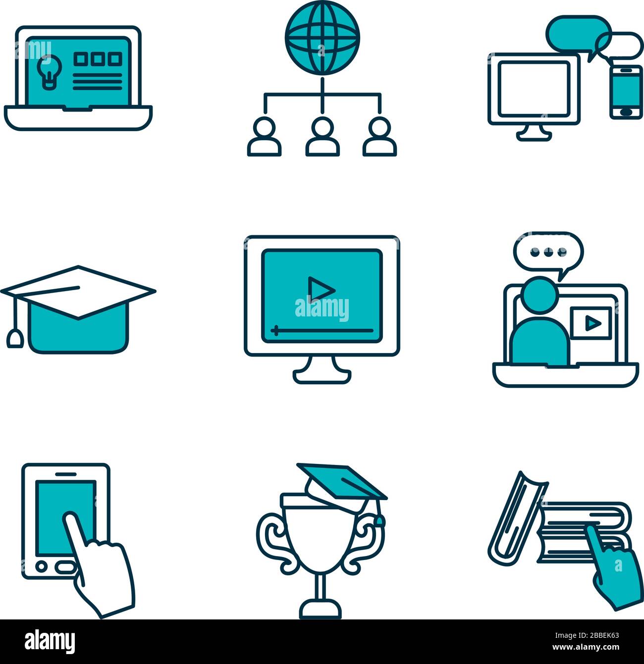 computers and online education icon set over white background, half ...