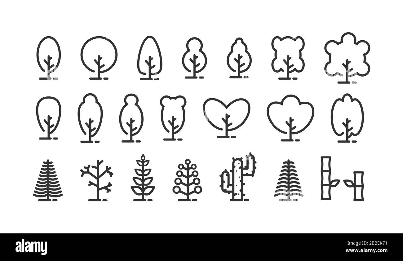 set of linear icons for trees and vegetation. An empty polygon isolated ...