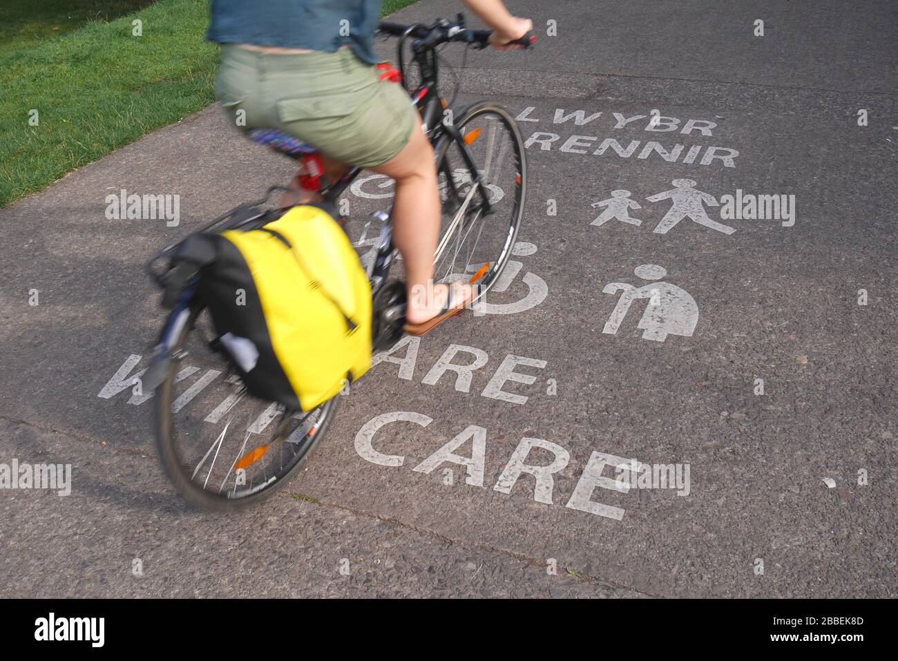 Share with care, bilingual English Welsh shared use path sign, and ...