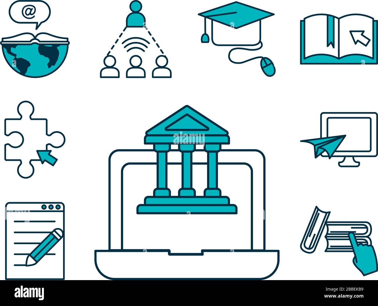 laptop computer and online education icon set over white background ...