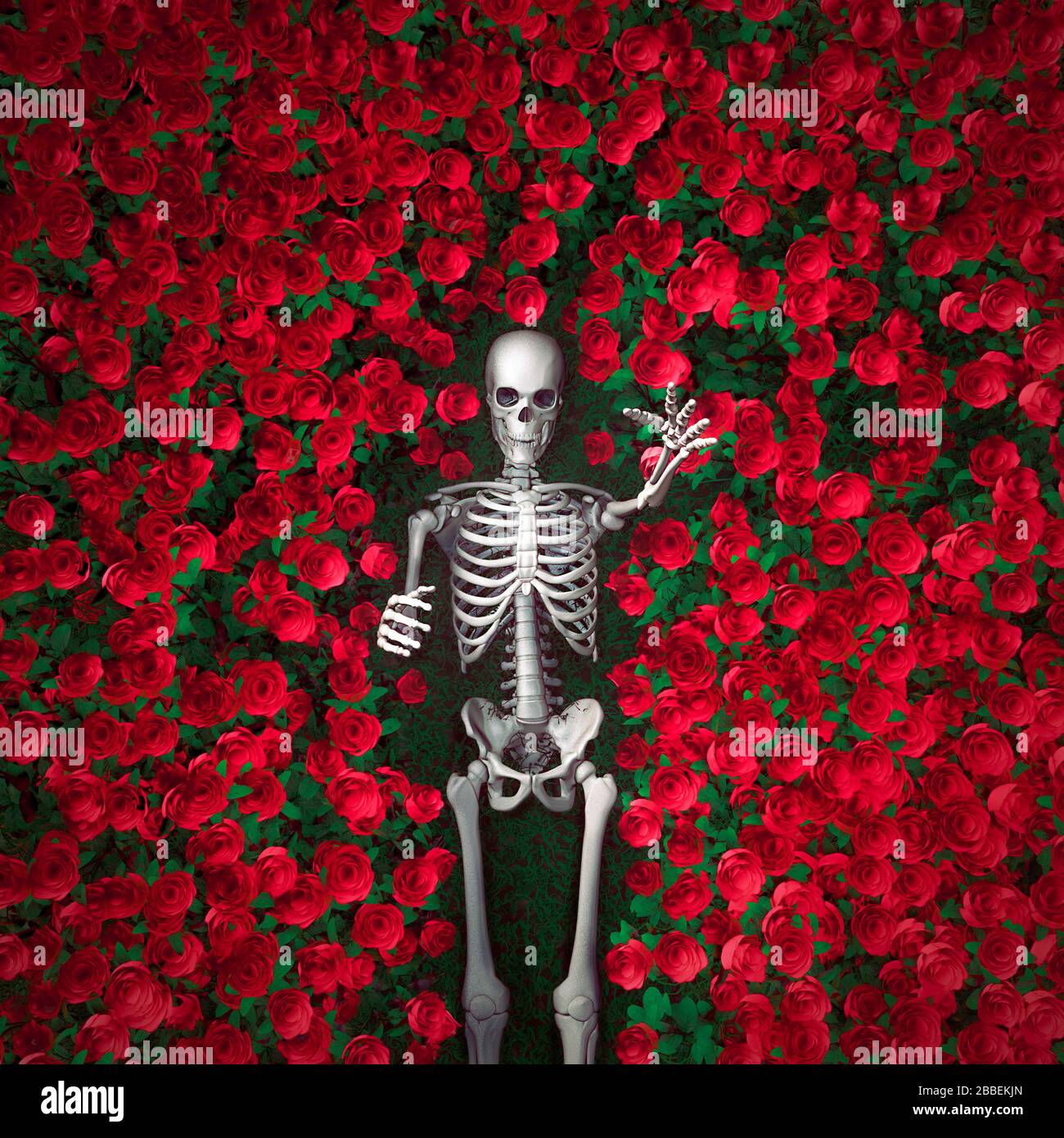 Red roses and death / 3D illustration of surreal scene with skeleton ...