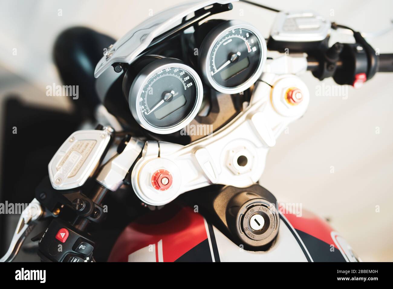 Front of a motorcycle, handlebar, mirror, speedometer, etc Stock Photo ...
