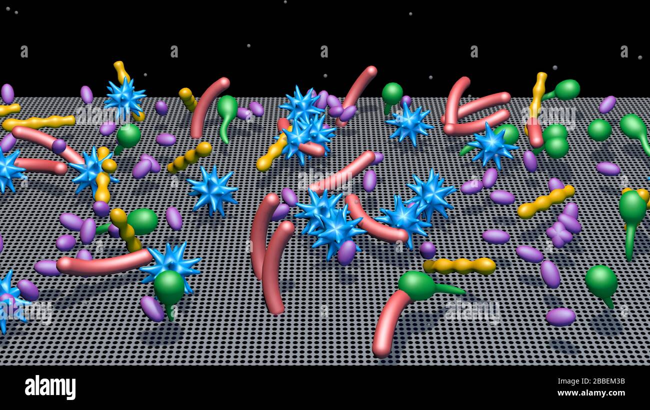 Germs, viruses , bacteria pathogens captured in filter . 3d rendering ...