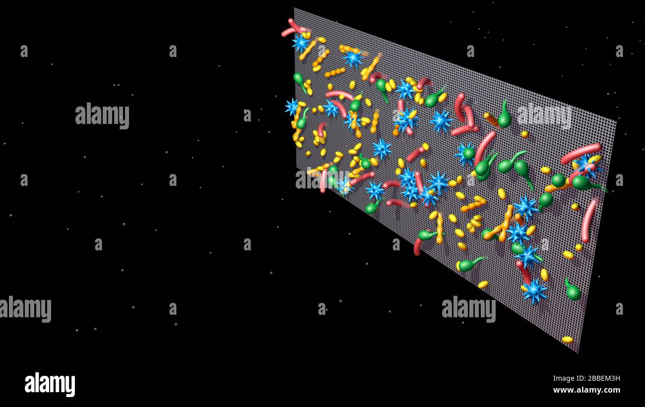 Germs, viruses , bacteria pathogens captured in filter . 3d rendering ...
