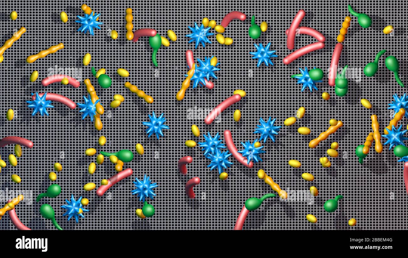 Germs, viruses , bacteria pathogens captured in filter . 3d rendering ...