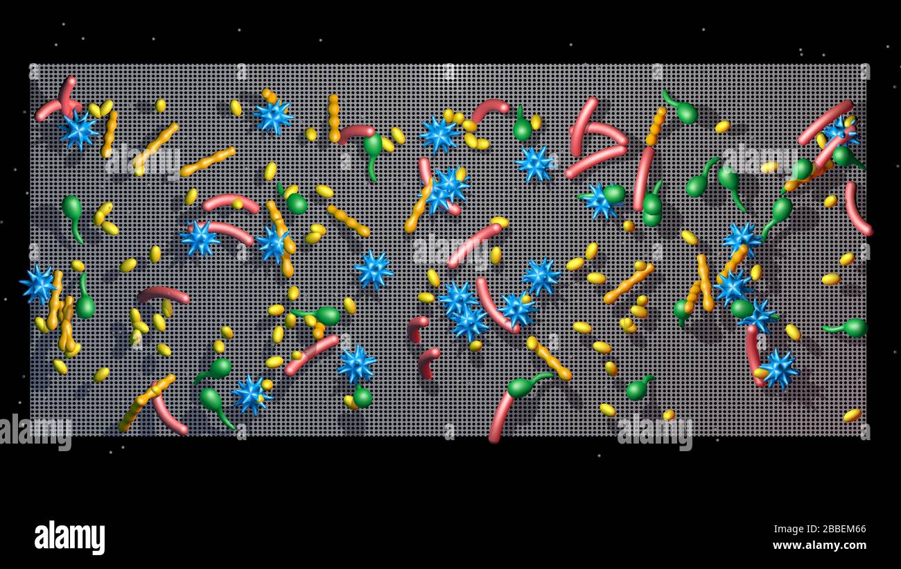 Germs, viruses , bacteria pathogens captured in filter . 3d rendering ...