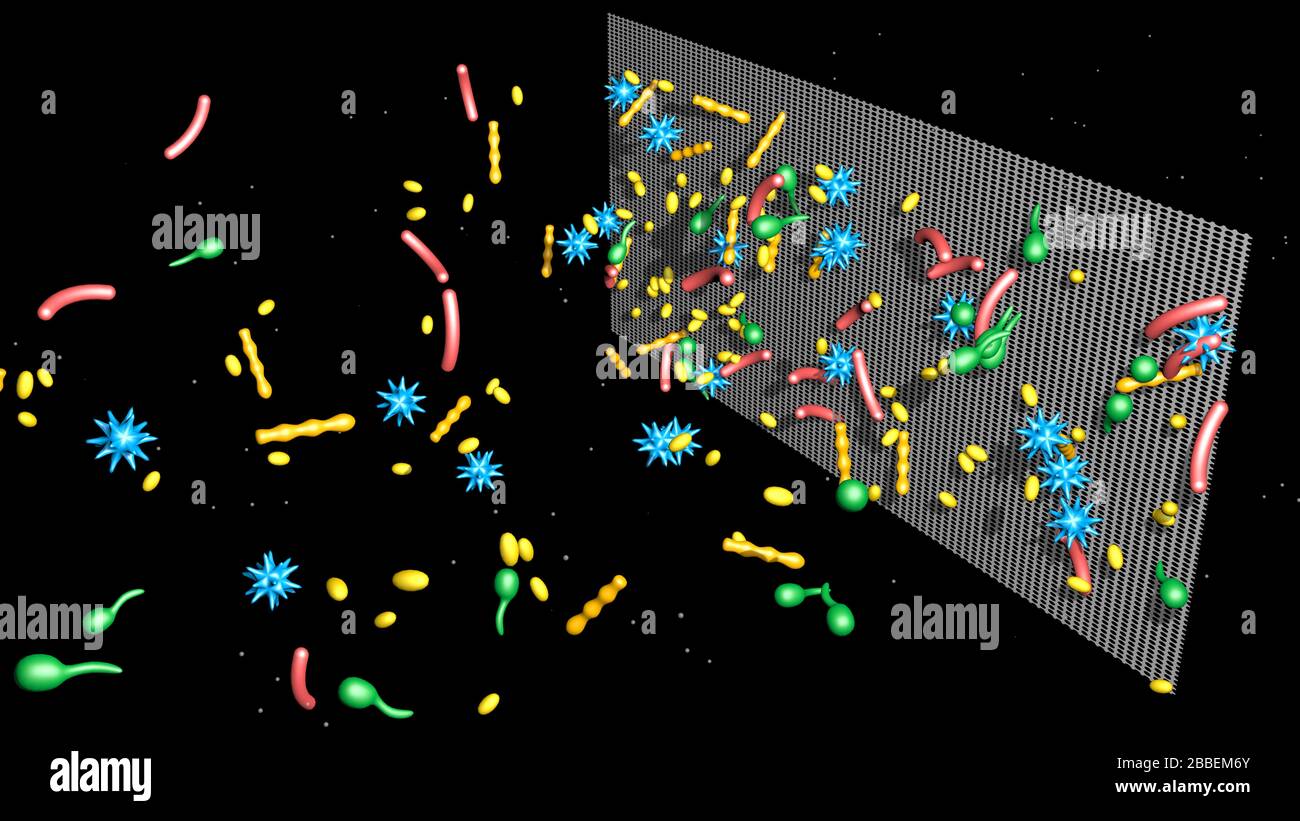 Germs, viruses , bacteria pathogens captured in filter . 3d rendering ...