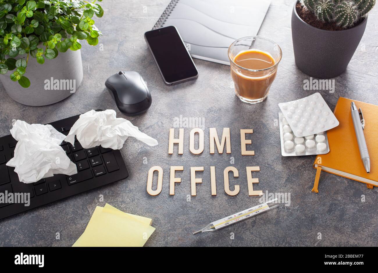 home office text desk with keyboard computer smartphone notebook ...