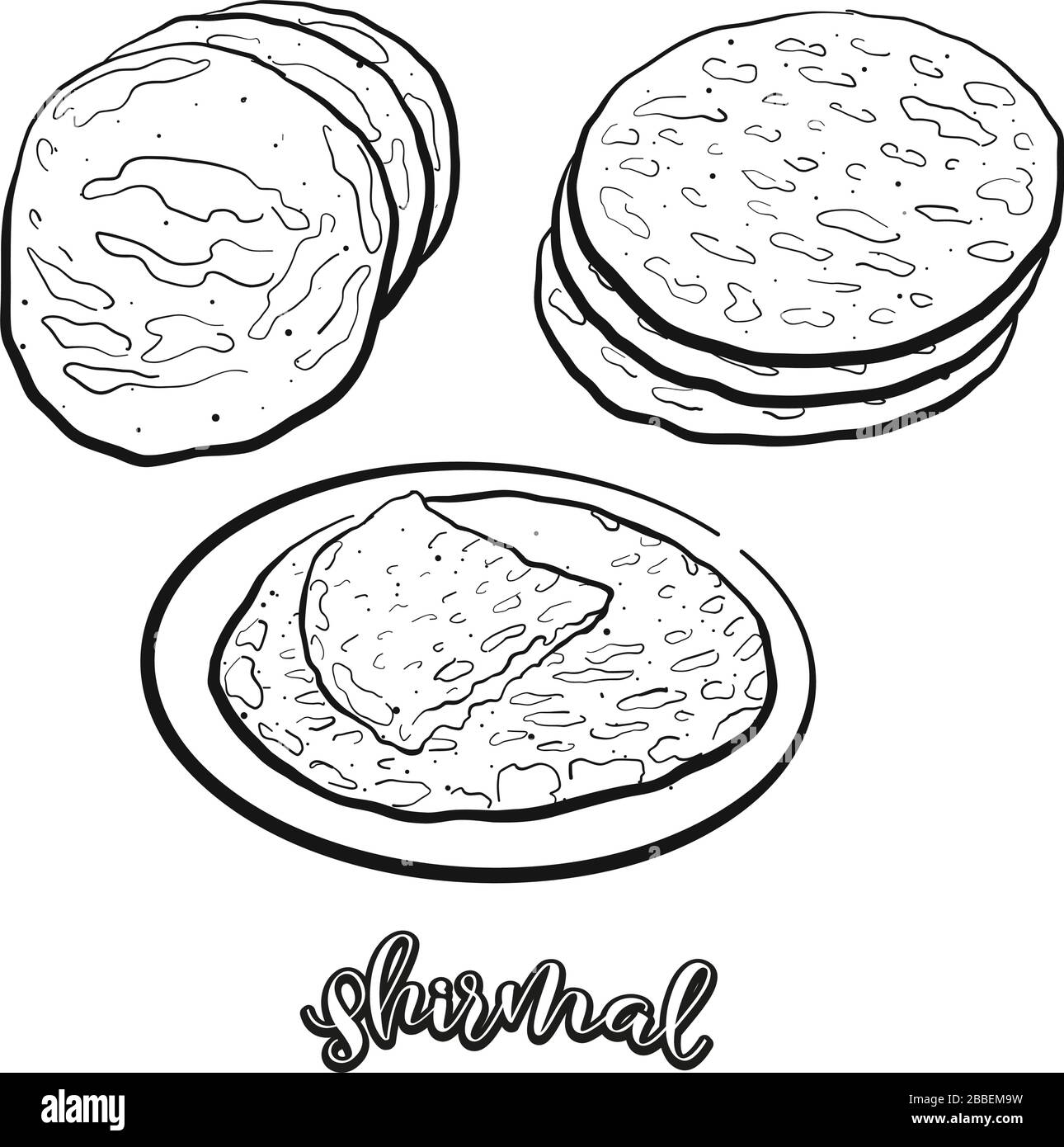 Shirmal food sketch separated on white. Vector drawing of Flatbread ...