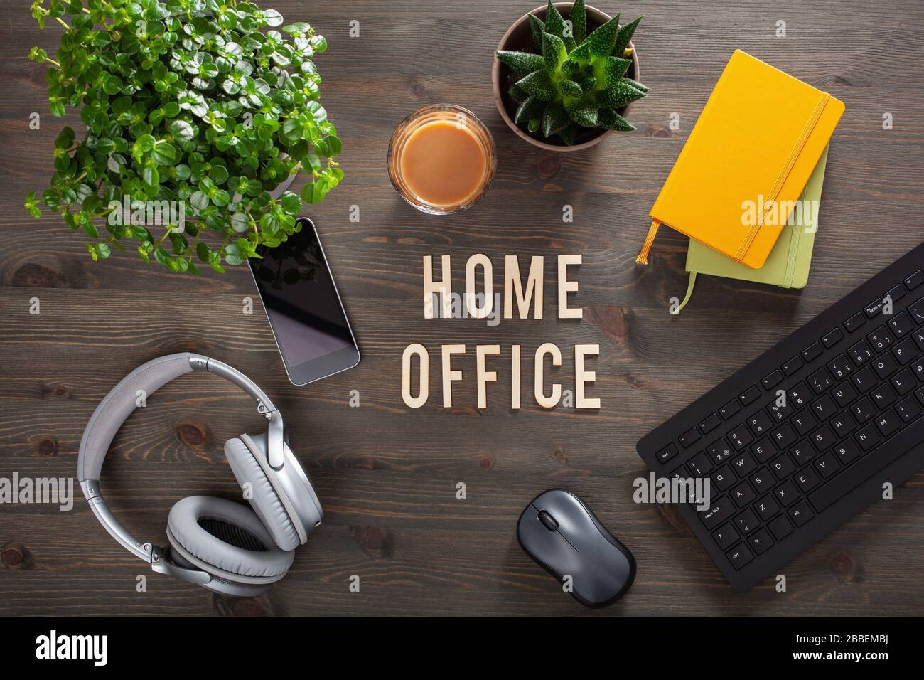 home office text desk with keyboard computer smartphone notebook ...