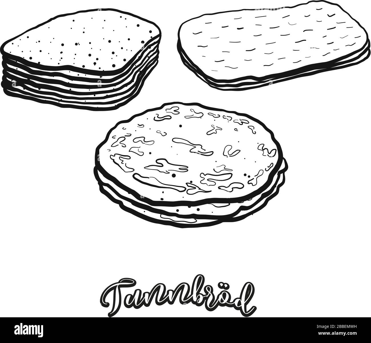Tunnbröd food sketch separated on white. Vector drawing of Flatbread ...
