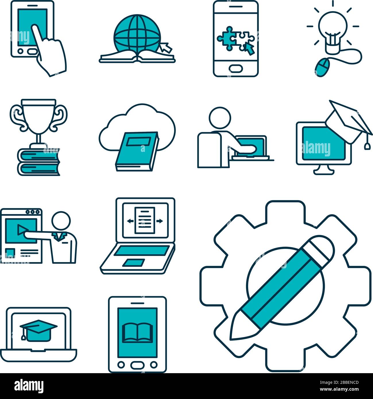 gear wheel and pencil and online education icon set over white ...