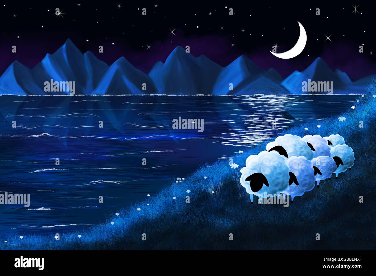 Seven lambs in the moonlight on the seashore. Illustration in blue ...