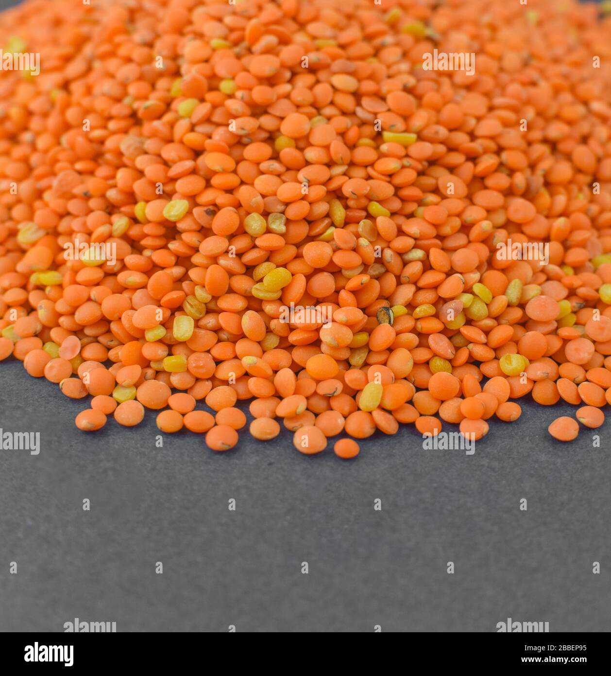 Heap of orange lentil seeds gathered together before a solid dark gray ...