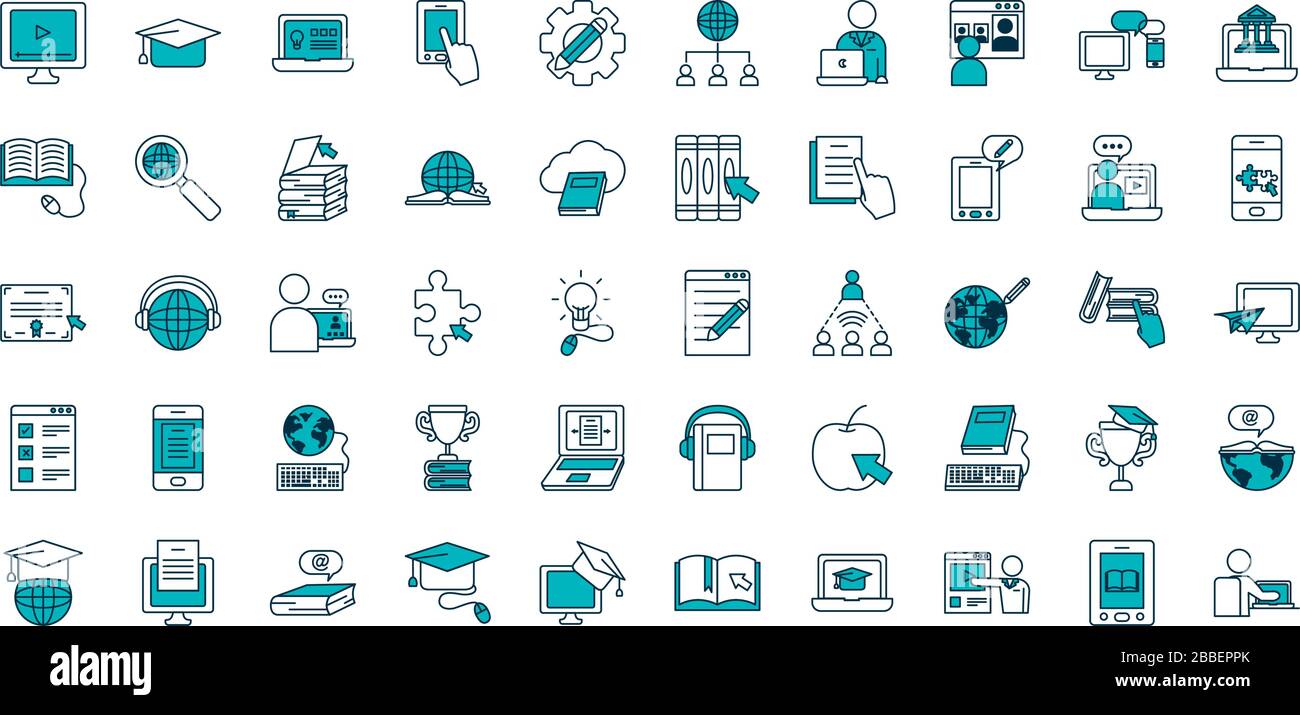 online academic education icon set over white background, half line ...