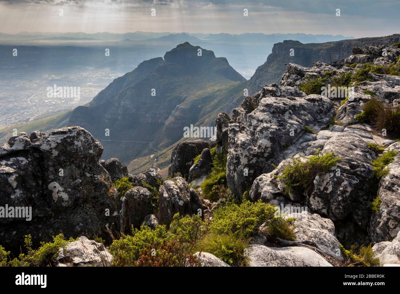South Africa, Cape Town, Table Mountain, view down from rocky edge of ...