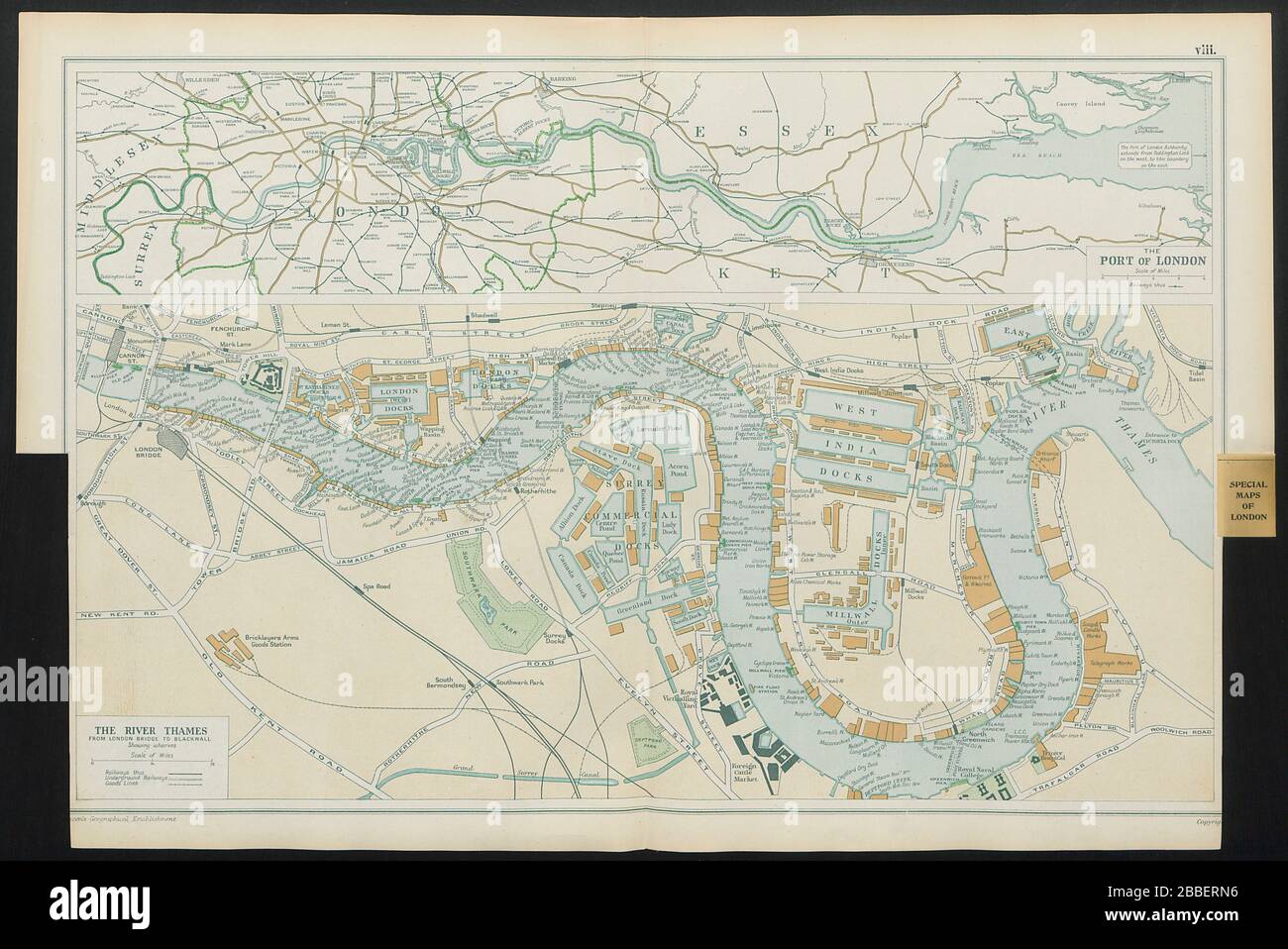 THE PORT OF LONDON showing wharves & docks. Thames. Vintage map. BACON ...