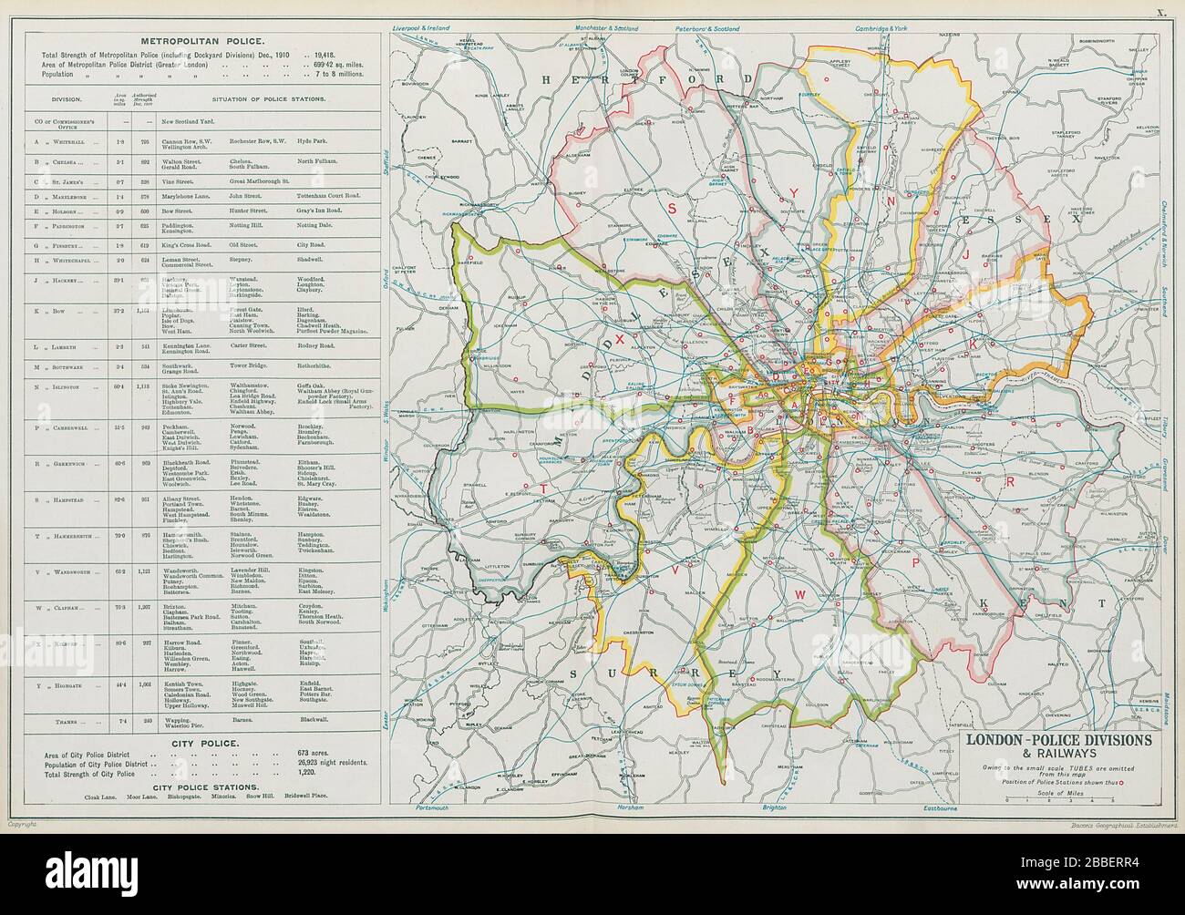 LONDON POLICE DIVISIONS & RAILWAYS showing Police stations. BACON 1913 ...
