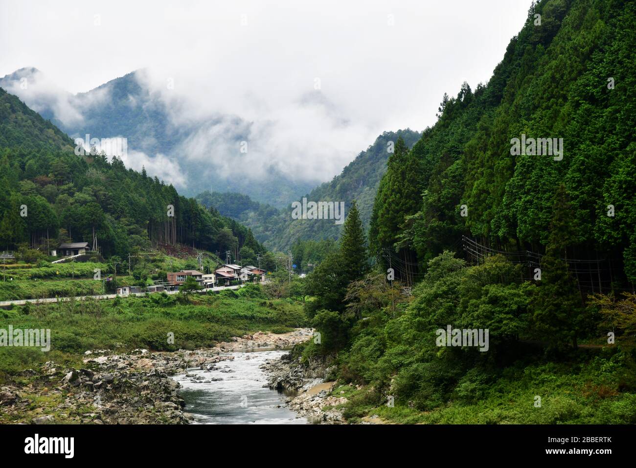Lush green landscape along the Takayama Line and Hida River on the way ...