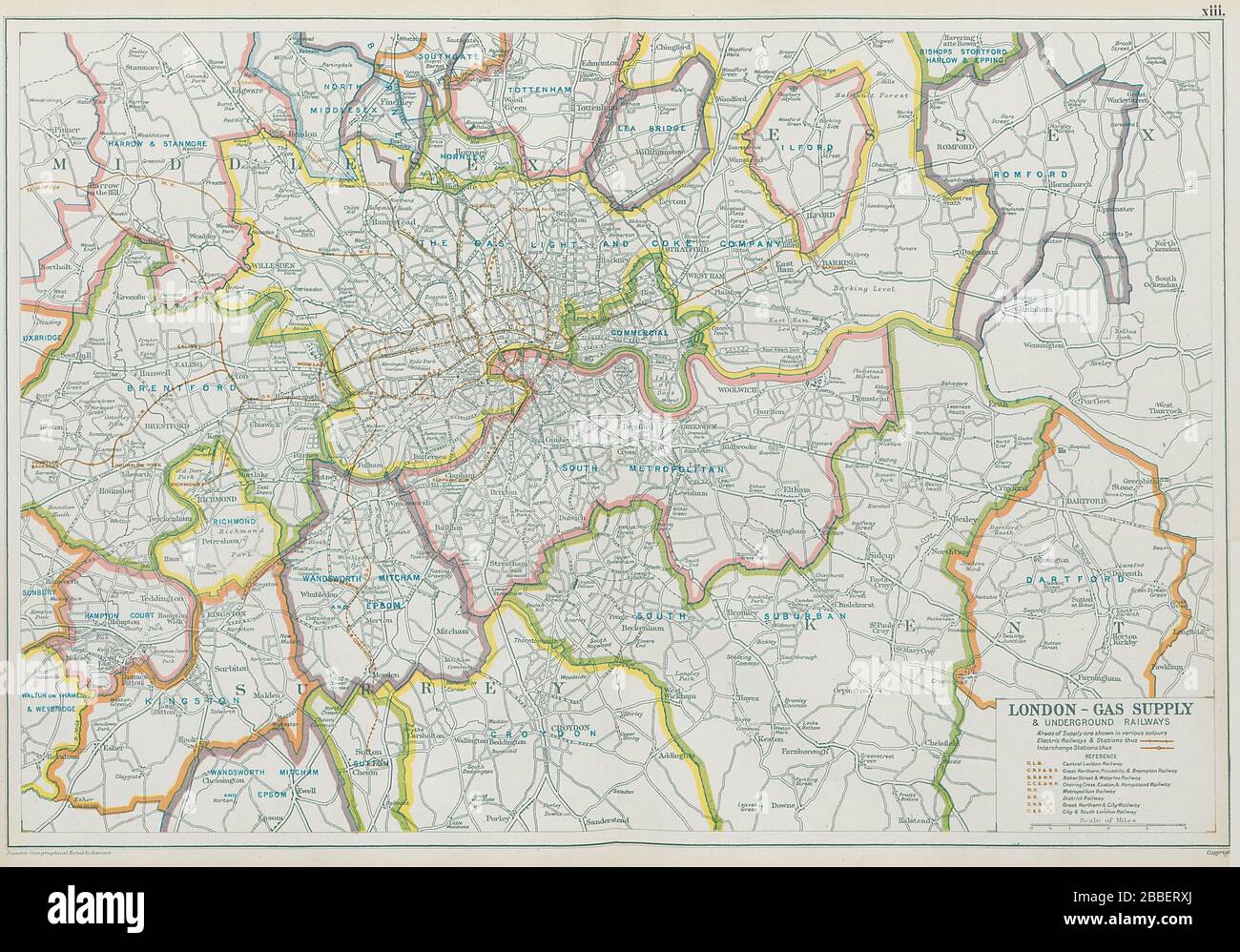 LONDON GAS SUPPLY areas + UNDERGROUND/Tube & electrified railways.BACON ...