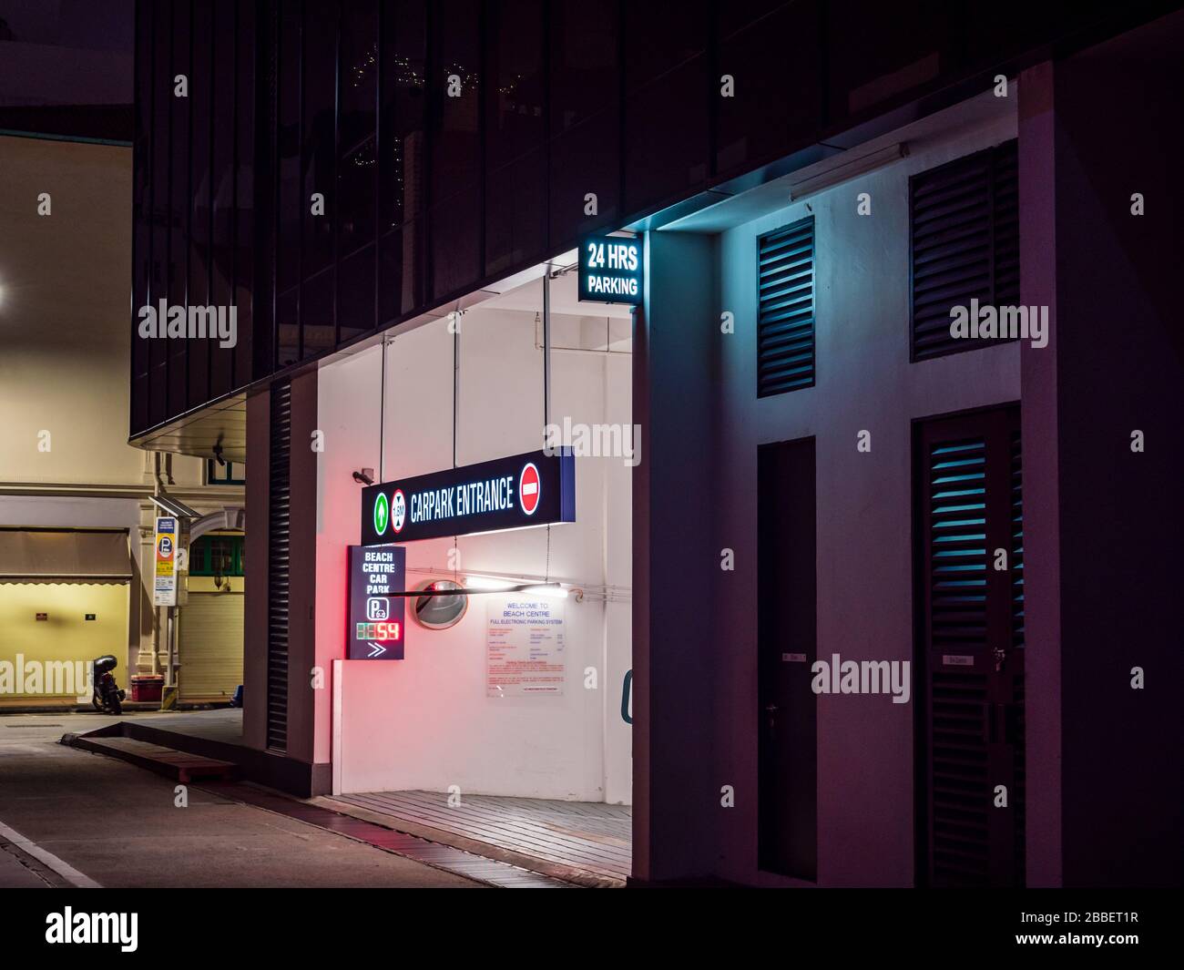 SINGAPORE – 12 MAR 2020 – Carpark entrance to a 24-hour carpark at ...