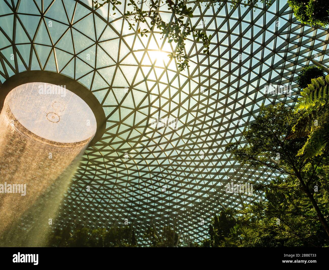 SINGAPORE – 23 MAR 2020 - Low angle view of the HSBC rain vortex indoor ...