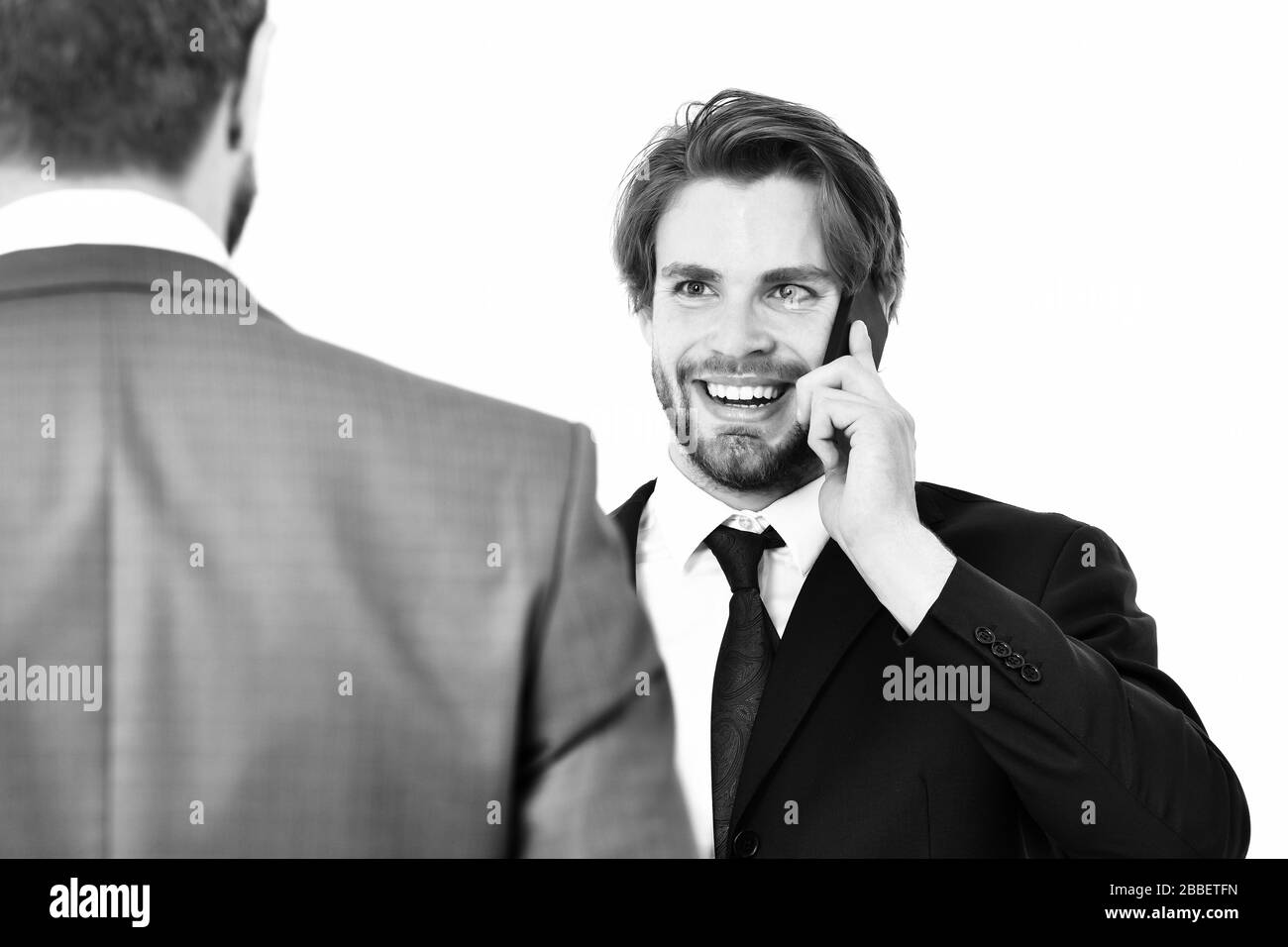 men with happy smiling face or businessmen speaking on mobile or cell ...