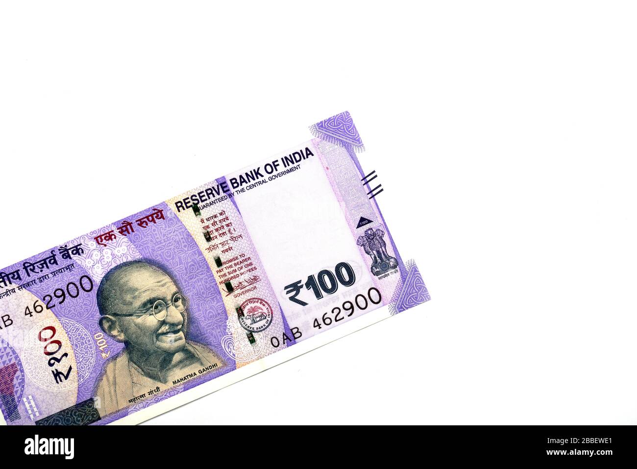 Indian currency of 100 rupee note on white isolated background, Indian ...