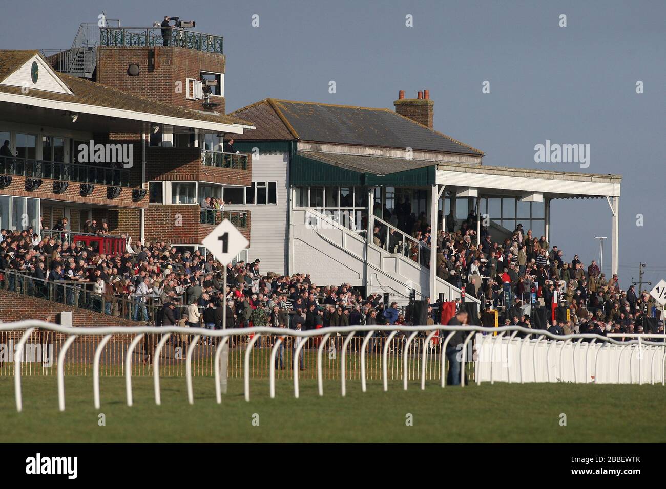 General view of horses racing at Folkestone Racecourse, Westenhanger ...