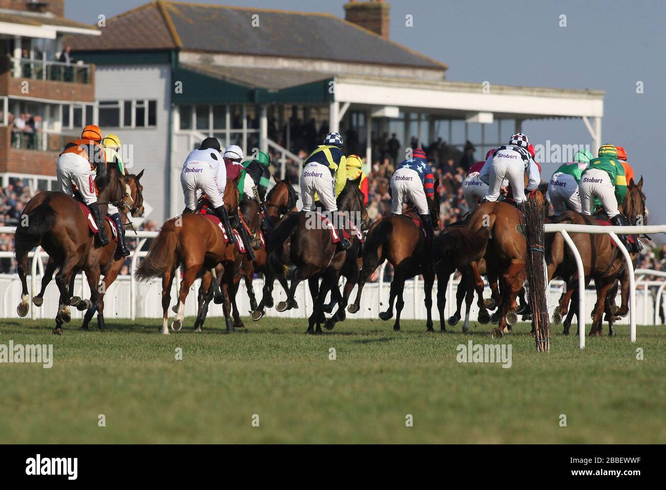 General view of horses racing at Folkestone Racecourse, Westenhanger ...