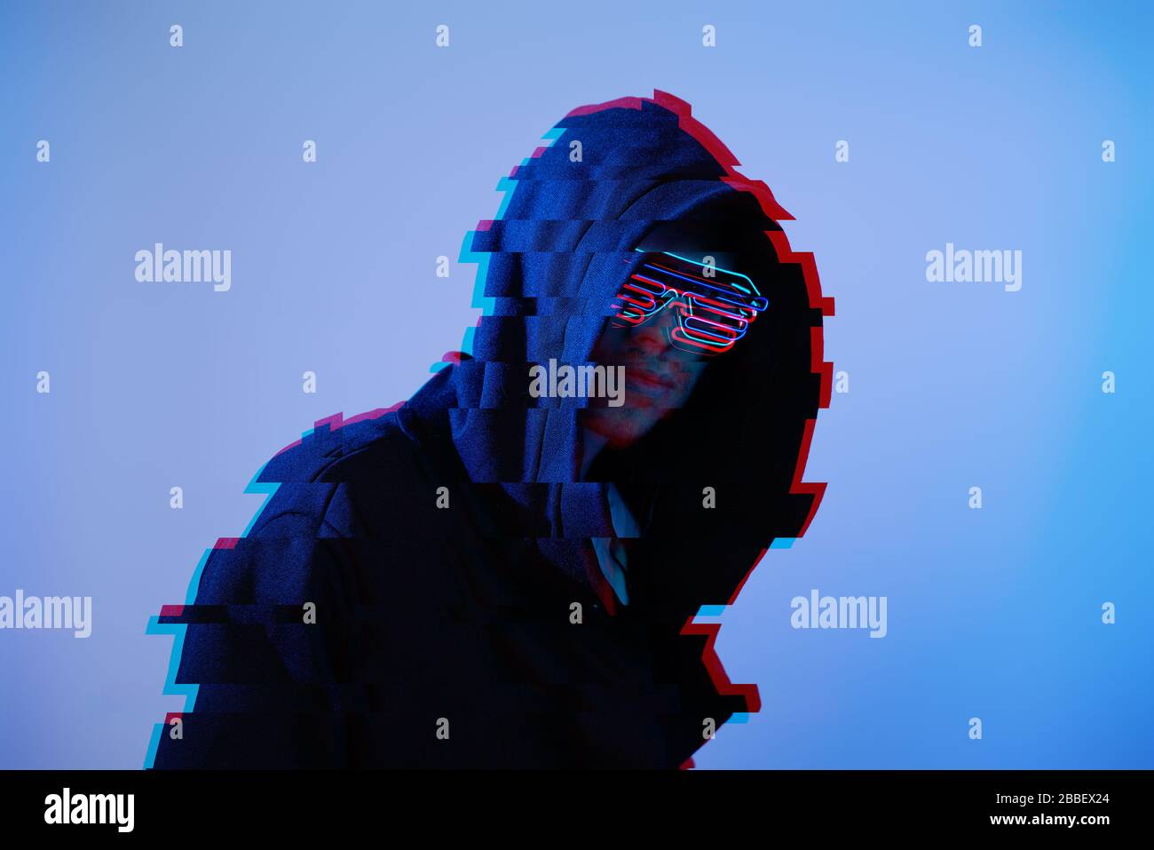 Man in hood and cyber glasses. Game character. Concept of virtual ...