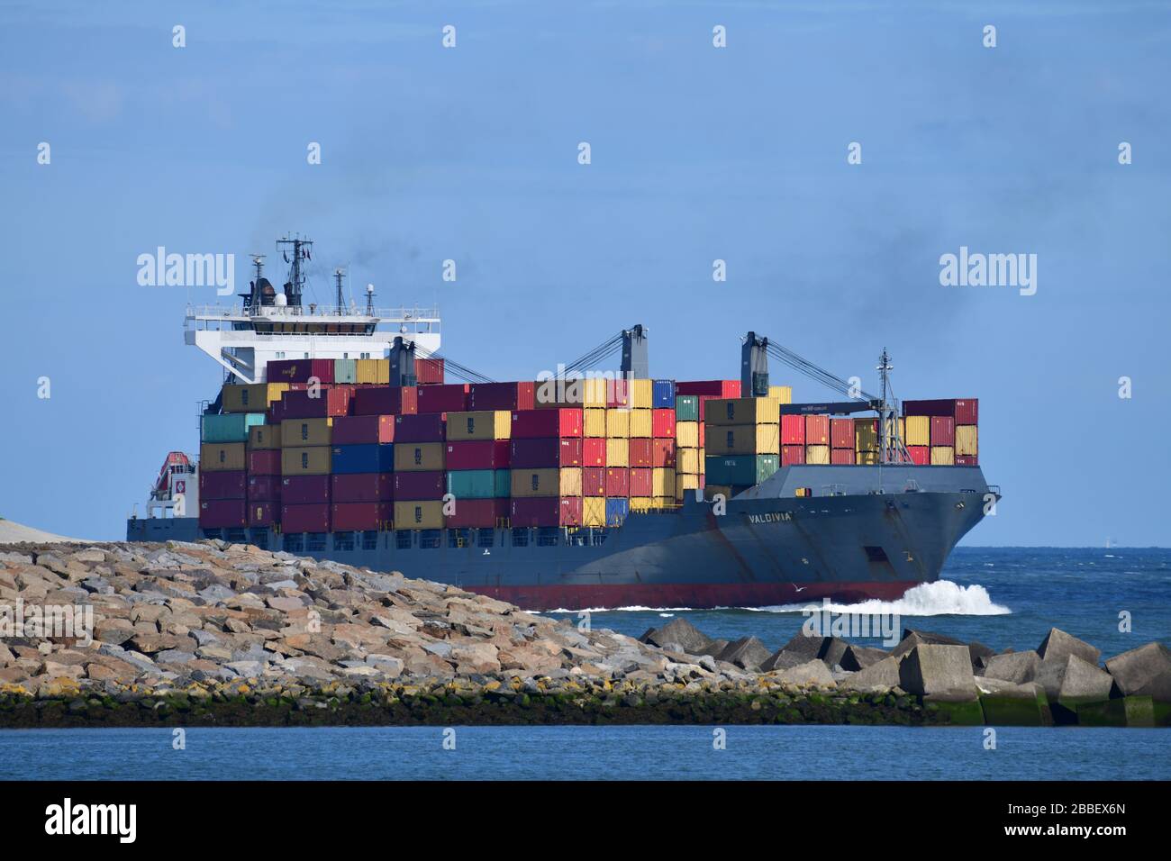 Rotterdam, The Netherlands; Close up view of a large container ship at ...