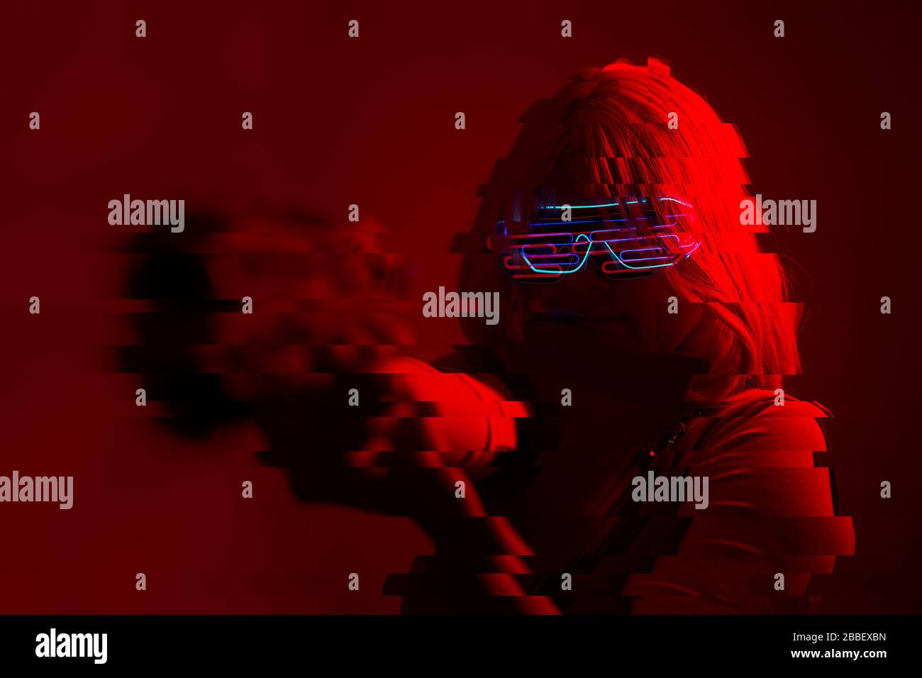 Girl with blaster in the futuristic battle. Concept virtual reality ...