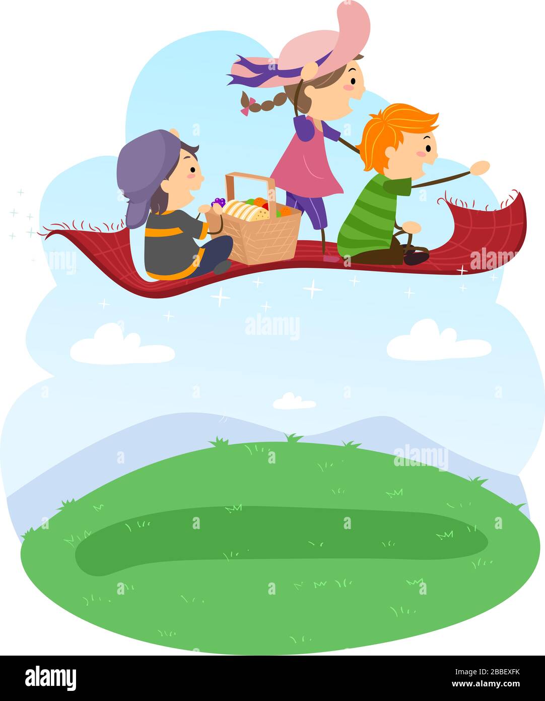 Illustration of Stickman Kids Riding a Flying Picnic Blanket with ...
