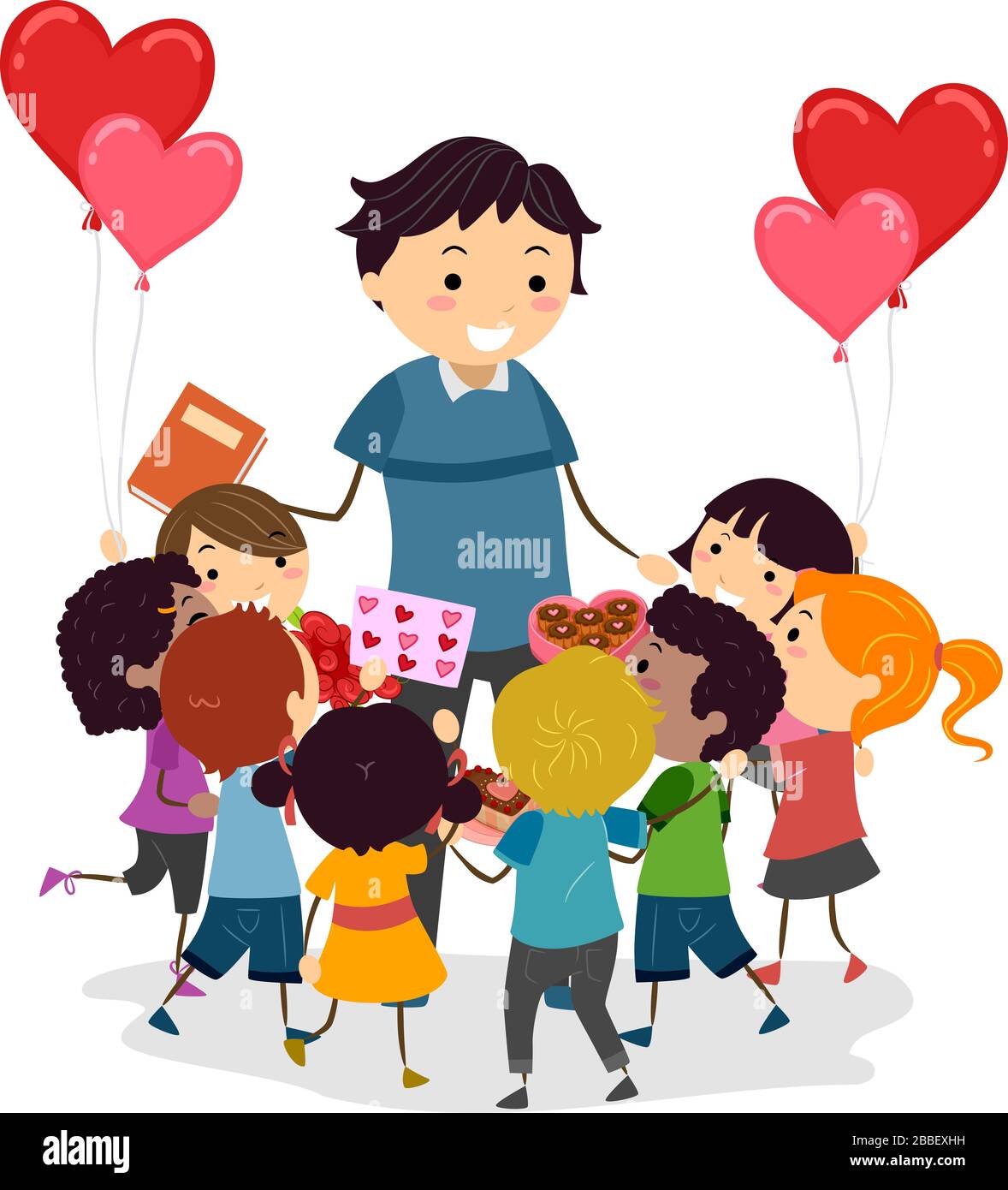 Illustration of Stickman Kids Giving Man Teacher Valentines Gift From ...